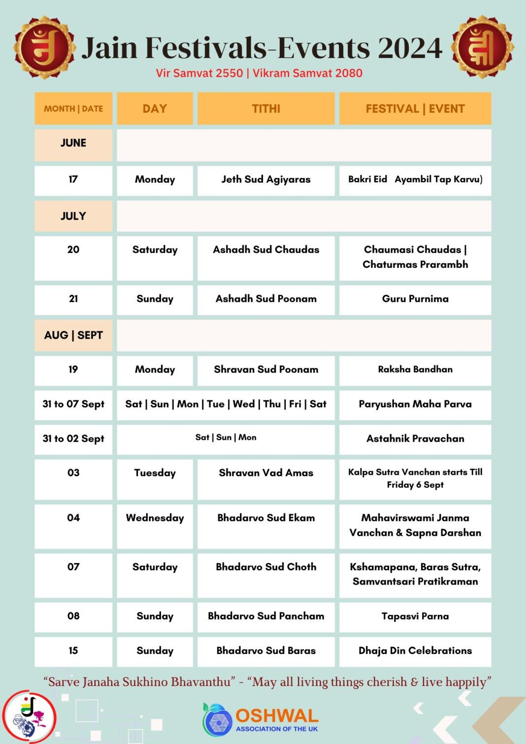 Monthly Jain Calendar | Oshwal Association of the U.K.