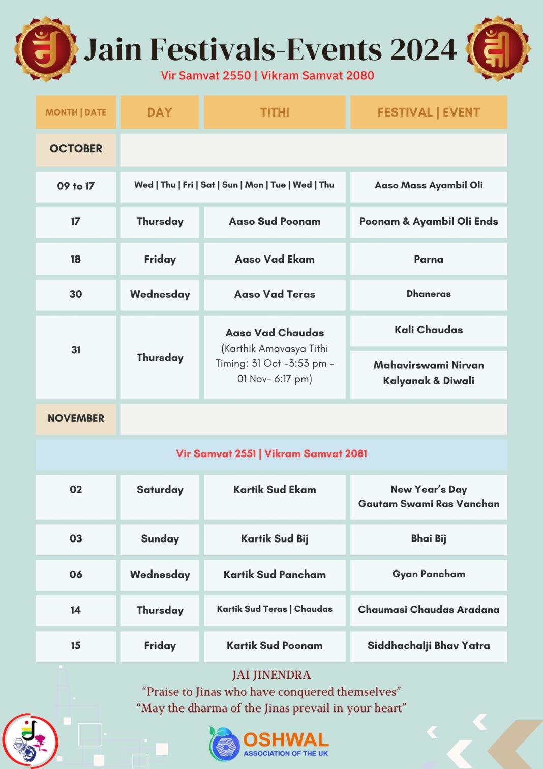 Monthly Jain Calendar | Oshwal Association of the U.K.